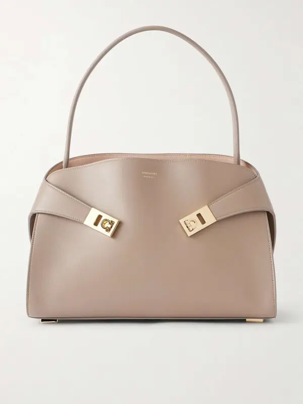 FERRAGAMO Hug Small Embellished Cracked-leather Tote - Taupe