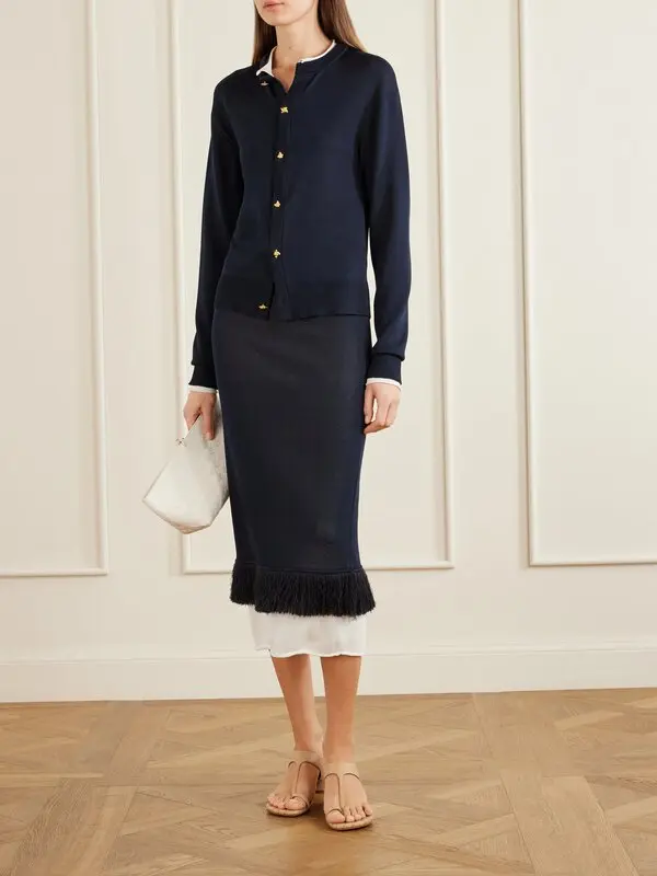 Bottega Veneta Fringed Knitted Silk Midi Skirt - Blue