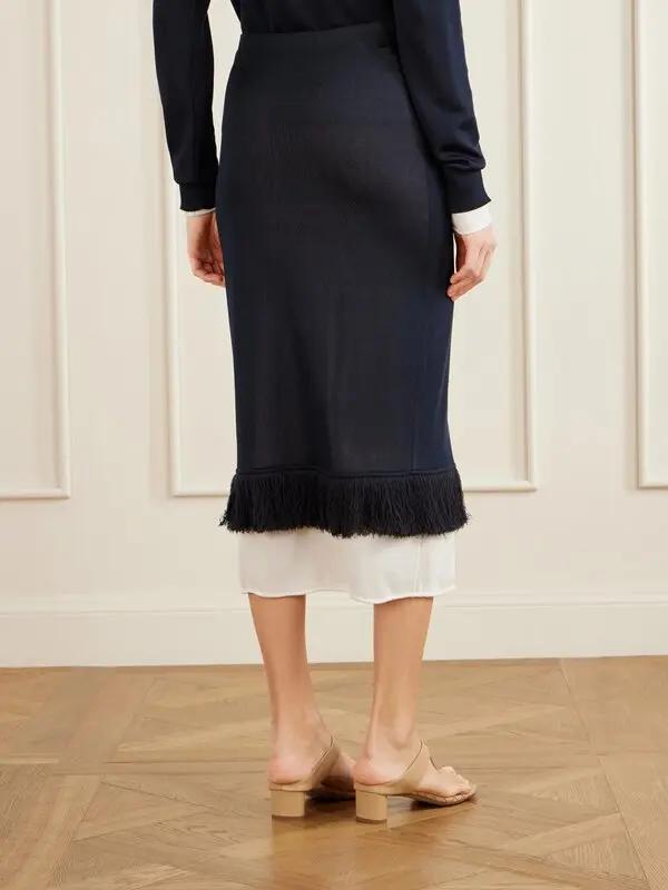 Bottega Veneta Fringed Knitted Silk Midi Skirt - Blue