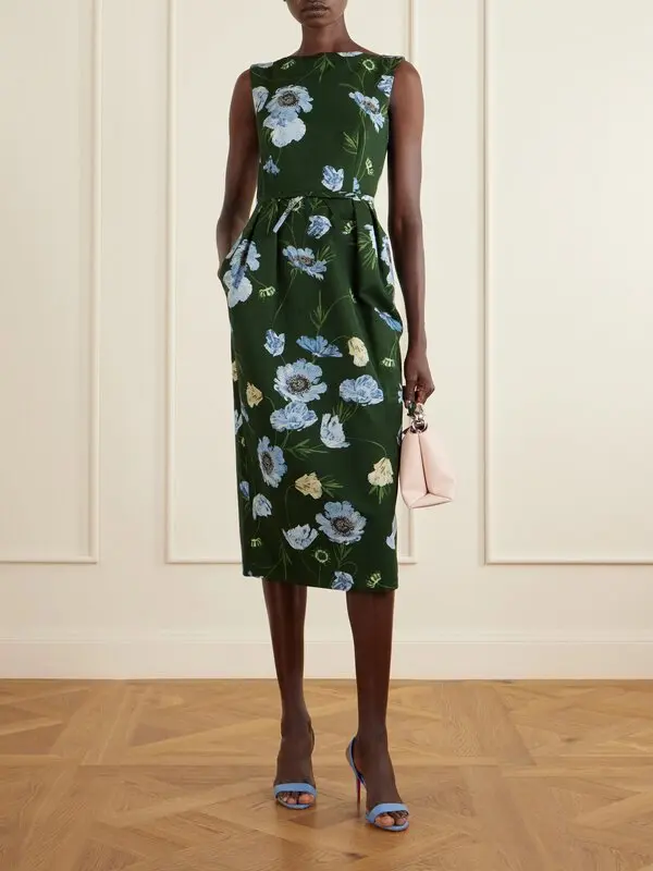 Erdem Floral-printed Cotton-blend Faille Midi Dress - Green