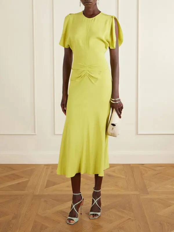 victoria beckham gathered satin midi dress Victoria Beckham Eve Gathered-Waist Satin Midi Dress