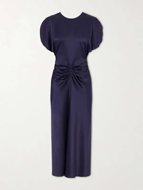 Victoria Beckham Bela Gathered Satin Midi Dress - Midnight Blue
