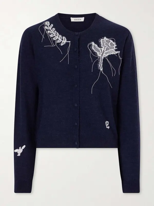 Erdem Embroidered Wool-blend Cardigan - Navy