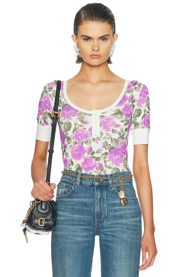 Chloé Floral Henley Top - White & Purple