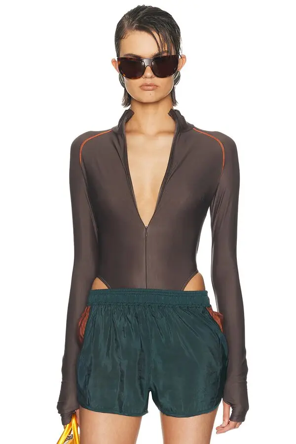 LAQUAN SMITH Long Sleeve Zip Up Bodysuit - Chocolate & Orange
