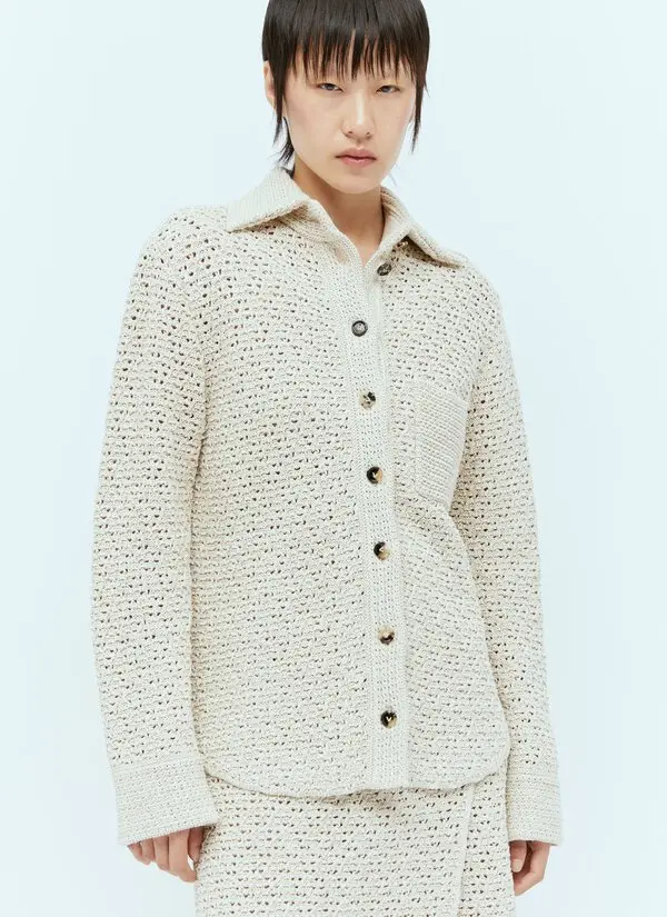 Bottega Veneta Textured Cotton Knit Spread Collar Shirt - Cream