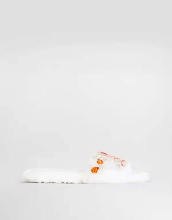 Dolce & Gabbana Embellished Faux-fur Slippers - White