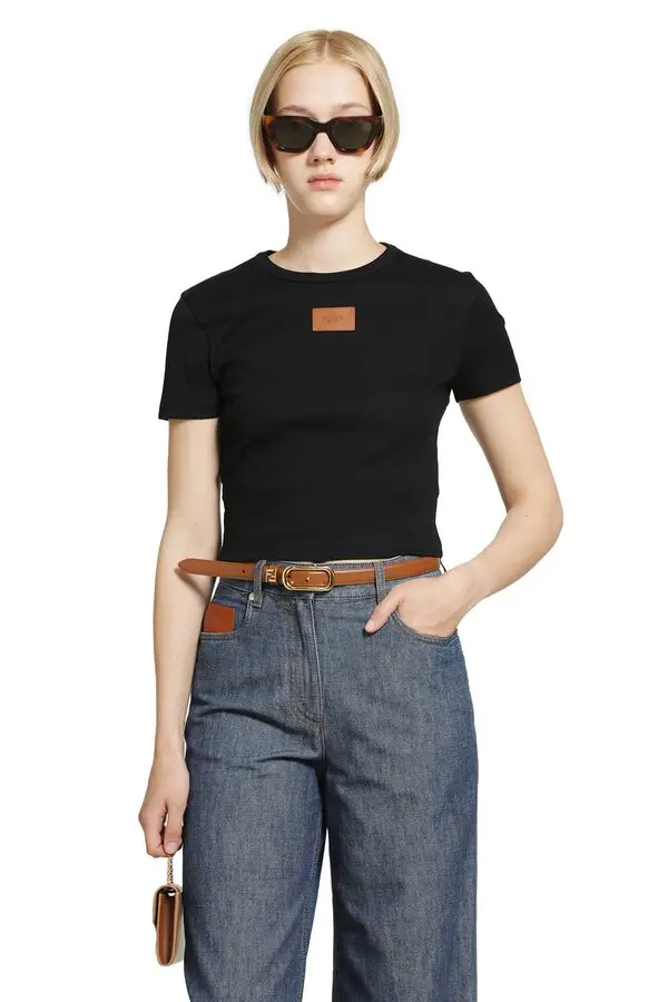 Fendi Ribbed Jersey T-shirt With Logo Patch - Black
