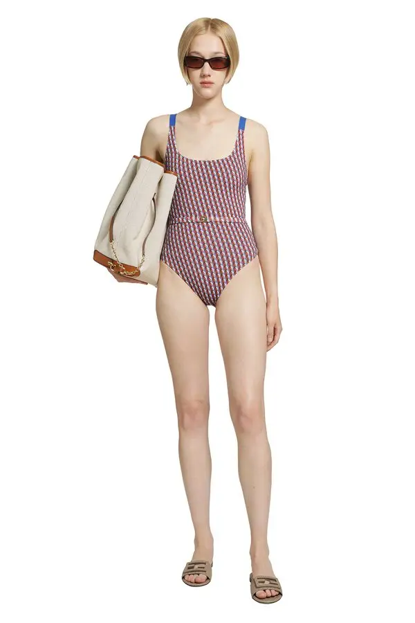 Fendi Geometric Print One-piece Swimsuit With Ff Buckle Belt - Red