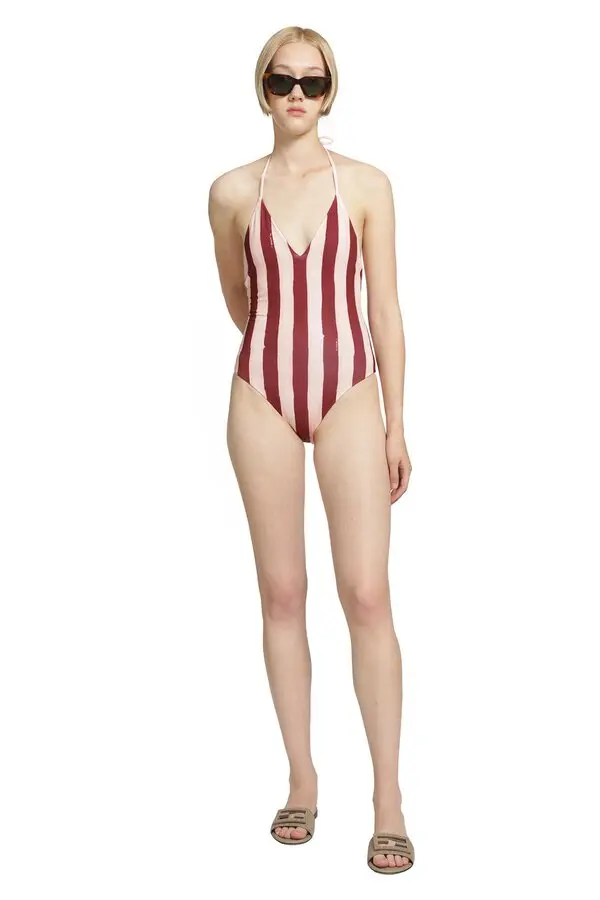 Fendi Painted Pequin Striped Halterneck One-piece Swimsuit