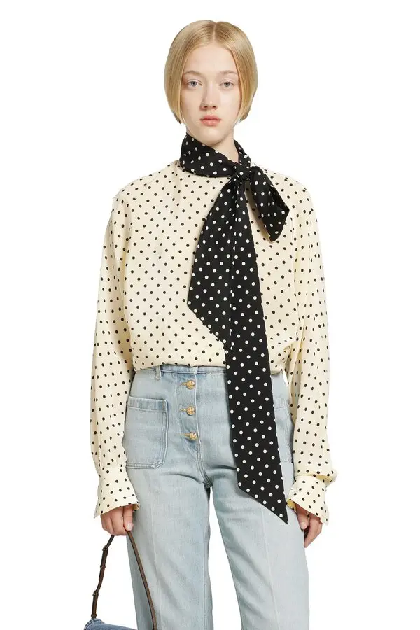 Valentino Garavani Polka Dot Tie Neck Blouse - Beige