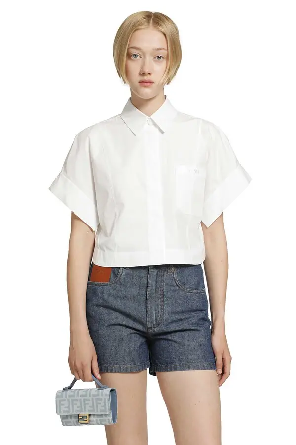 Fendi Cropped Poplin Shirt With Embossed Logo - White