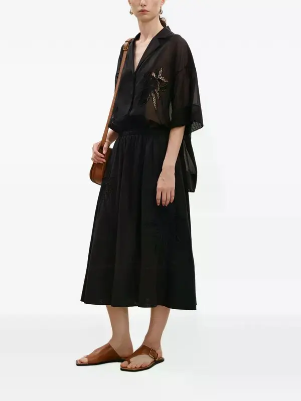 LESS Floral Appliqué Short Sleeve Shirt - Black