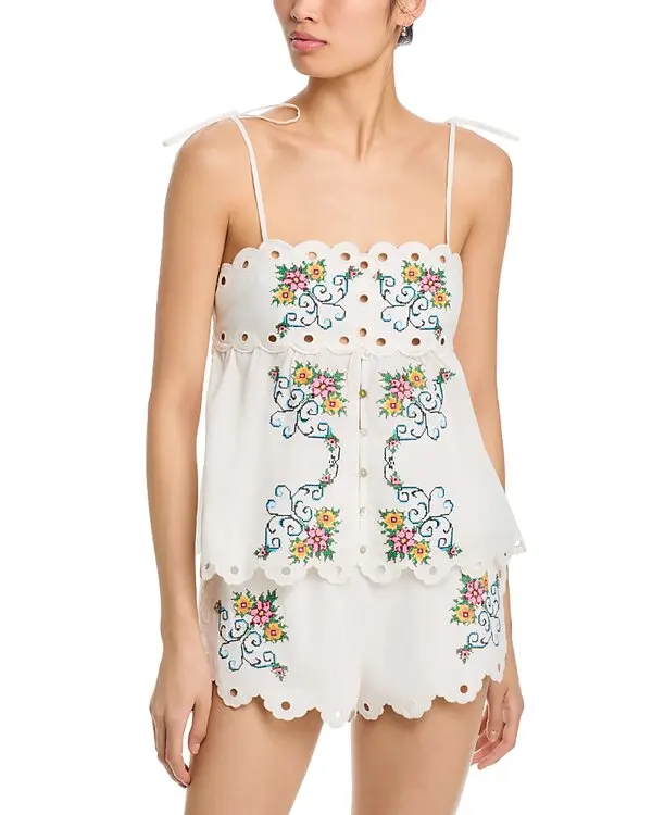 Moon River Scallop Floral Embroidered Top - White Multi