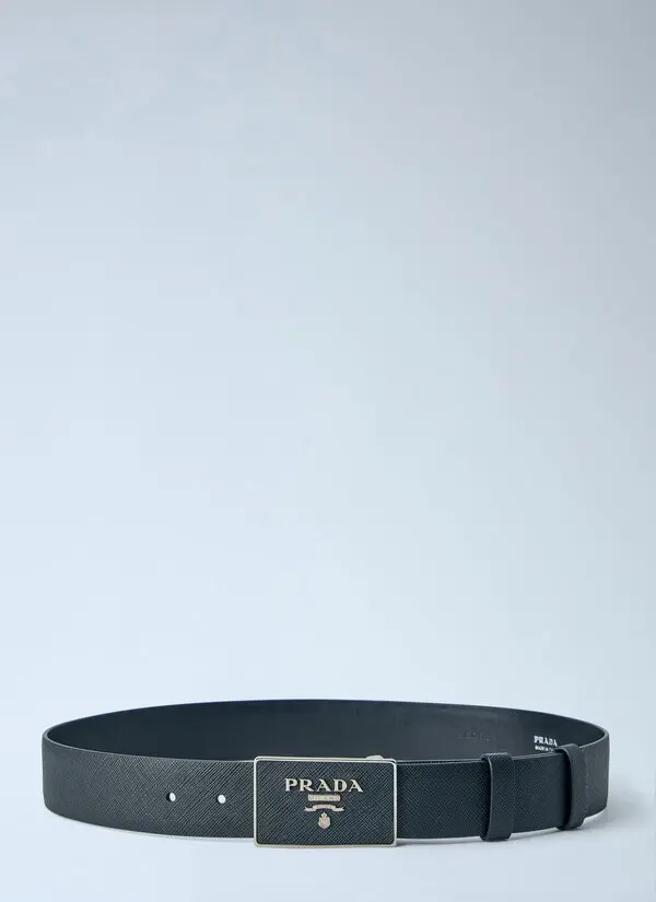 Prada Saffiano Leather Belt With Textured Logo Plaque