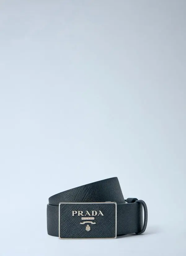 Prada Saffiano Leather Belt With Textured Logo Plaque - Black