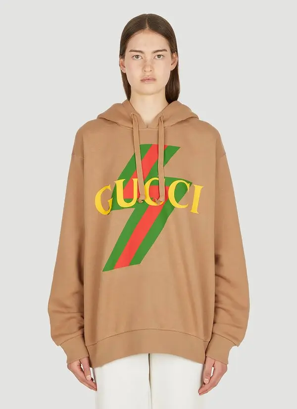 Gucci Logo Print Drawstring Hooded Sweatshirt - Brown