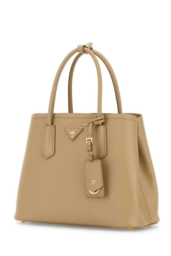Prada Sand Leather Small Double Handbag - Brown