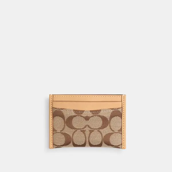 COACH Essential Card Case In Signature Jacquard - Brass/khaki Light Peach