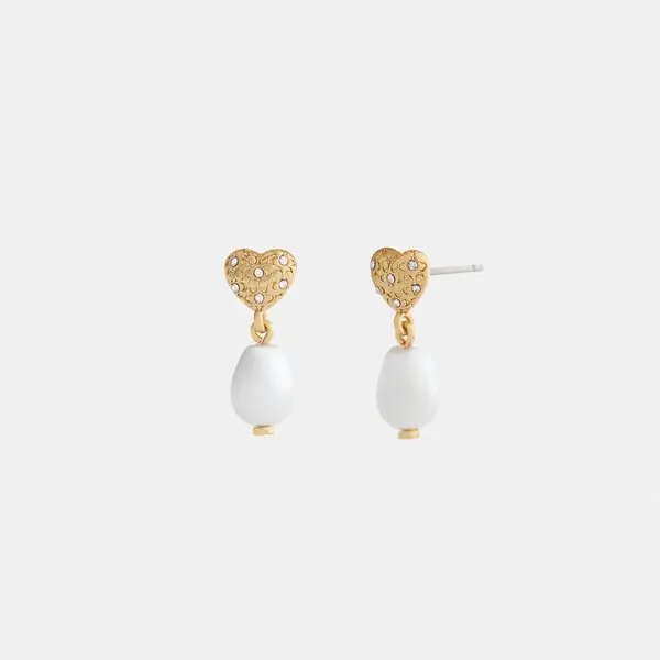 COACH Heart Pearl Drop Earrings - Gold/pearl