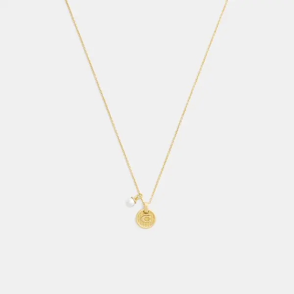 COACH Textured Signature C Coin And Pearl Pendant Necklace - Gold