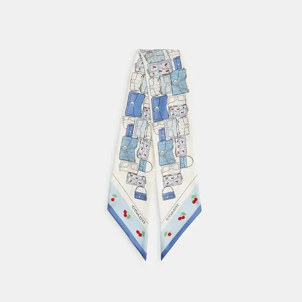 COACH Tabby Cherry Print Silk Wide Skinny Scarf - Denim/red Multi