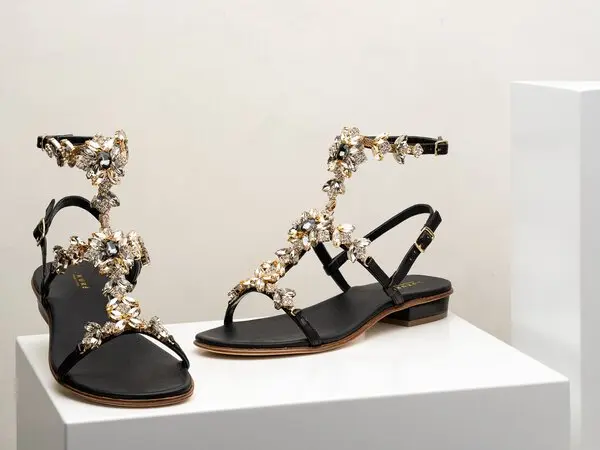 Lukure Portofino Flat Embellished Crystal Sandals - Black