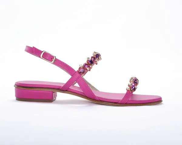Lukure Crystal Embellished Leather Flat Sandals - Fuchsia