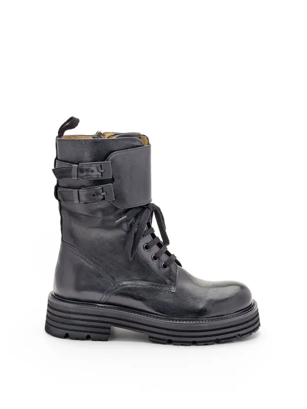 Lukure Hand-painted Kangaroo Leather Combat Lace-up Boots - Black