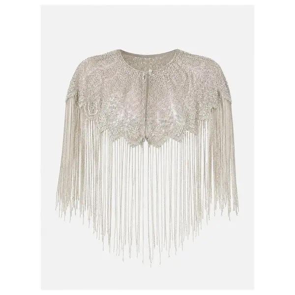 ROSE & NANCY Bonni Statement Beaded Fringe Cape - White
