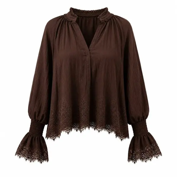 IZABELA MANDOIU Bohemian Blouse With Lace Embroidery And Bell Sleeves - Brown