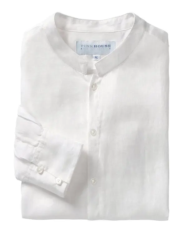 PINK HOUSE Linen Collarless Shirt Plain - White