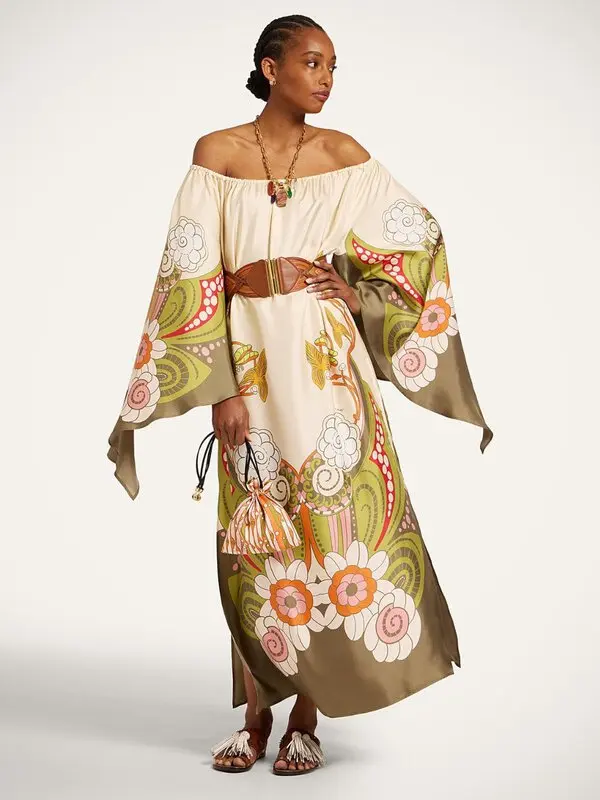 La DoubleJ Date Palms Placée Silk Midi Dress - Multicolour