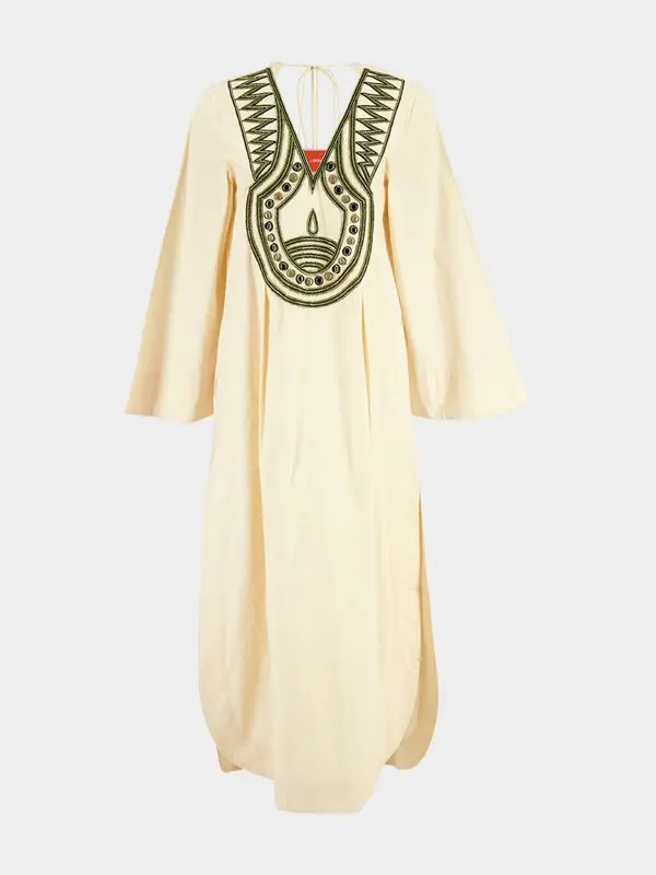 La DoubleJ Prometheus Ivory Embroidered Cotton Midi Dress - Cream