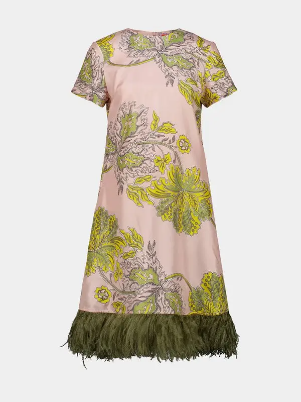 La DoubleJ Swathe Silk Twill Feather Trim Mini Dress - Pink
