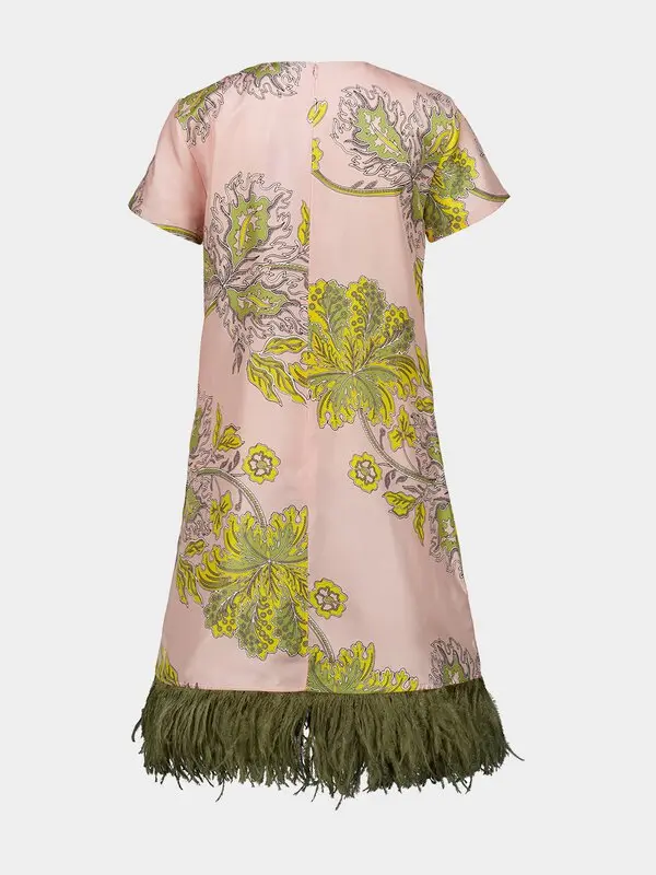 La DoubleJ Swathe Silk Twill Feather Trim Mini Dress - Pink