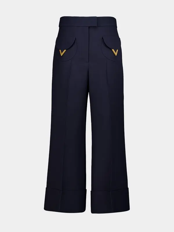 Valentino Garavani Navy Vlogo Wool Wide-leg Trousers - Blue