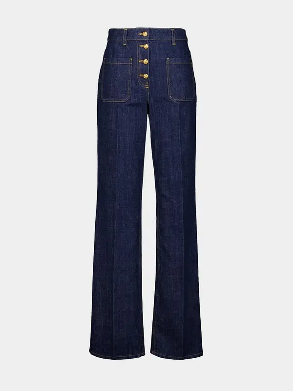Valentino Garavani Dark Wash Denim Trousers With Logo Buttons - Blue