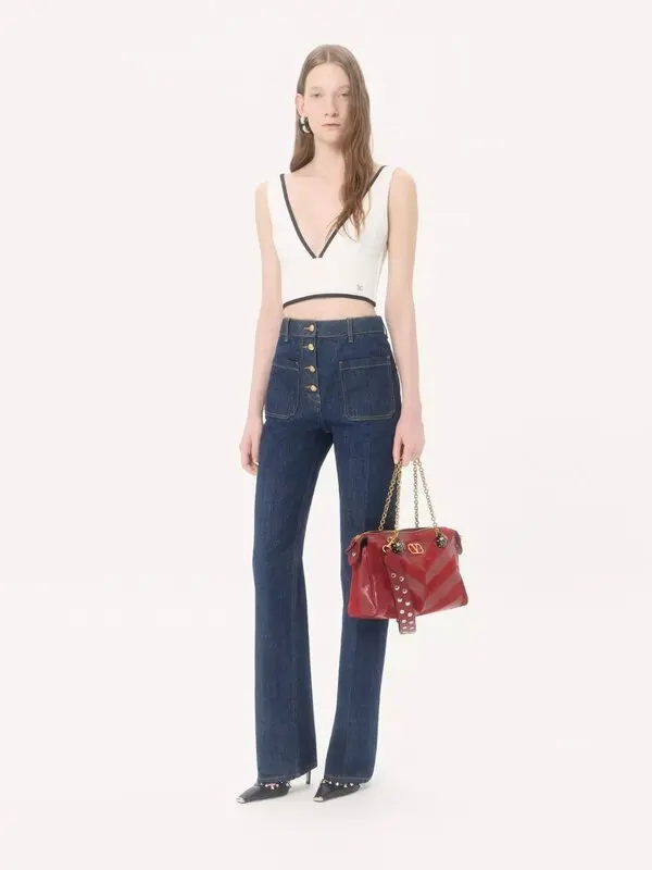 Valentino Garavani Dark Wash Denim Trousers With Logo Buttons - Blue