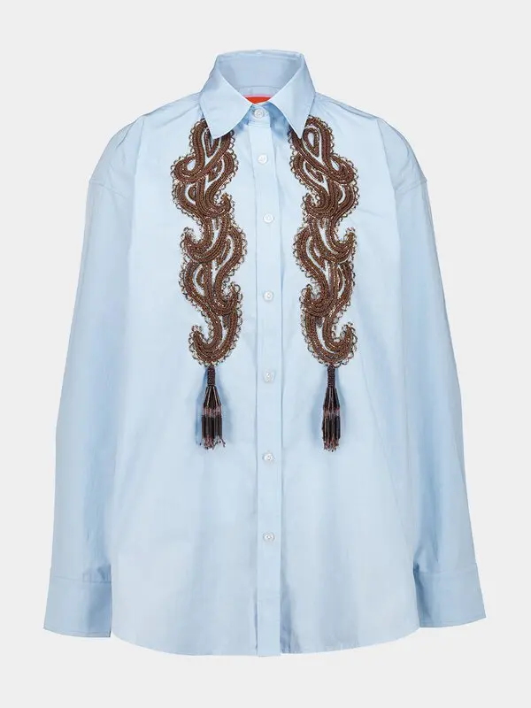 La DoubleJ Peony Placée Embroidered Cotton Boyfriend Shirt - Blue