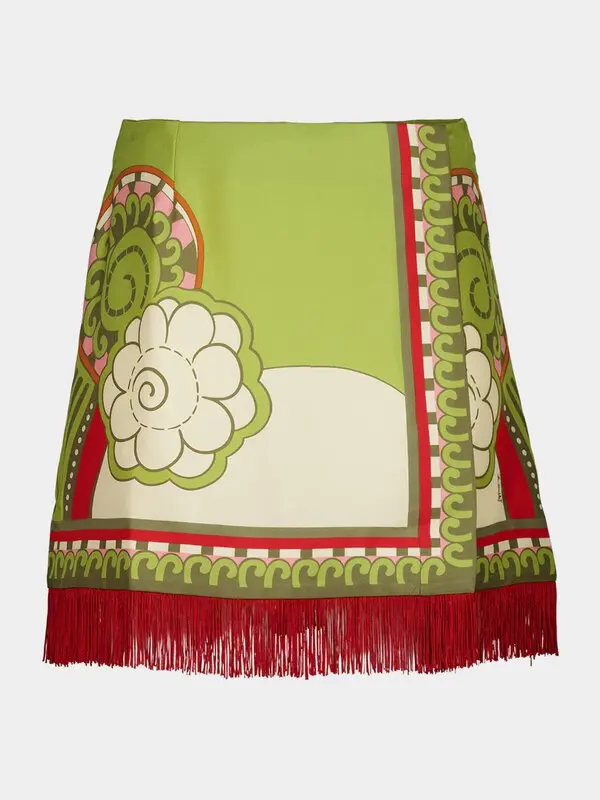 La DoubleJ Anemone Ghirlanda Silk Foulard Mini Skirt With Fringes - Green