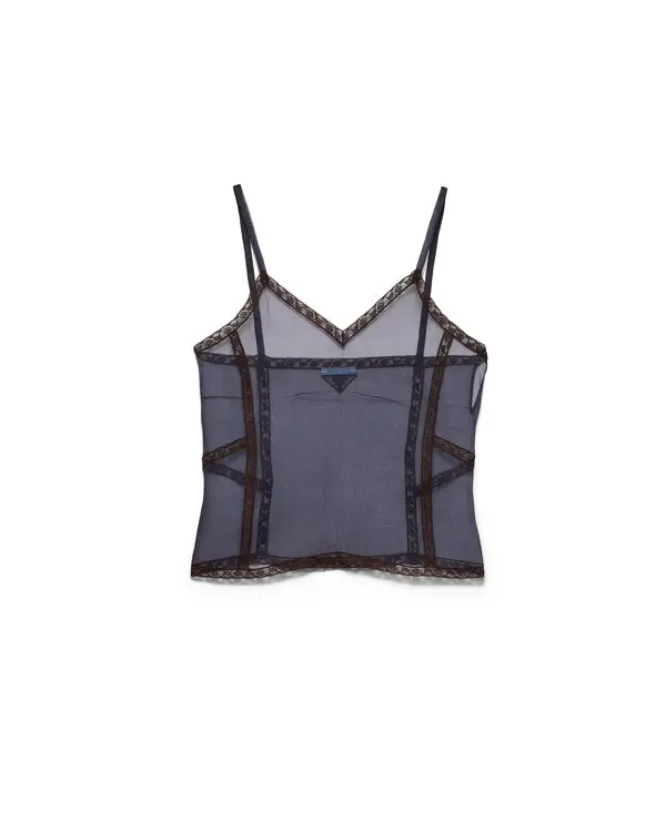 Prada Organza Intarsia V-neck Top With Lace Trim