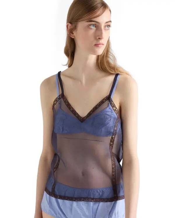 Prada Organza Intarsia V-neck Top With Lace Trim