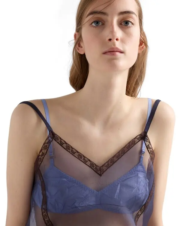 Prada Organza Intarsia V-neck Top With Lace Trim