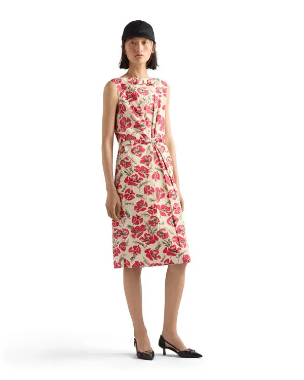 Prada Sleeveless Boat Neck Printed Dress With Bow Detail - Red