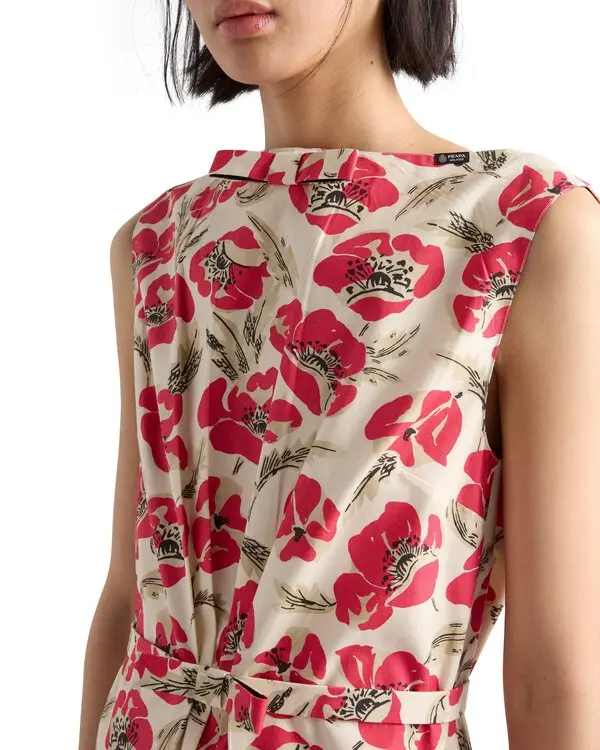 Prada Sleeveless Boat Neck Printed Dress With Bow Detail - Red