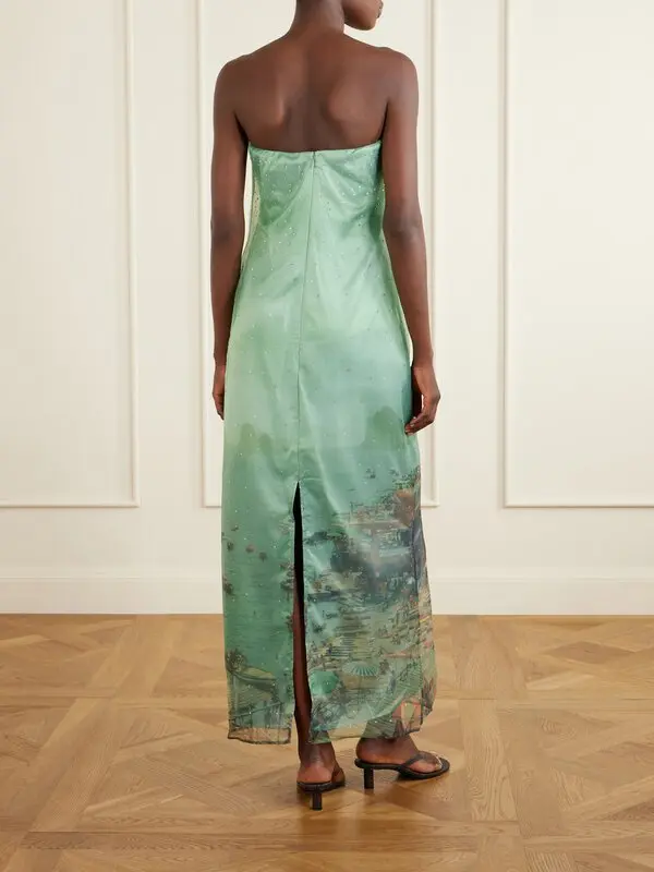Staud Amara Strapless Printed Organza Maxi Dress With Crystals