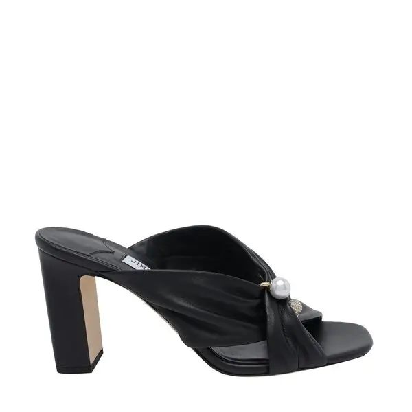 JIMMY CHOO Raffia Leather Block Heel Sandals - Black