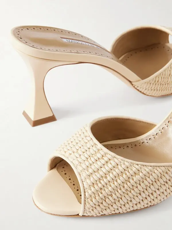 Manolo Blahnik Jadara" Raffia Mules With Leather Trim And Flared Heel