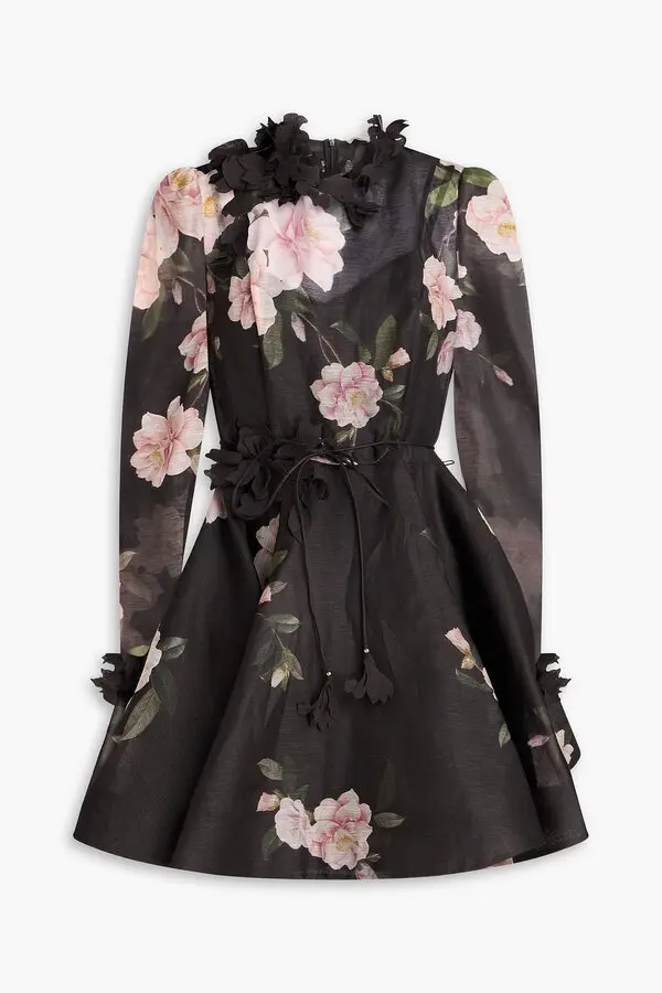 Zimmermann Appliquéd Floral-print Organza Mini Dress - Black